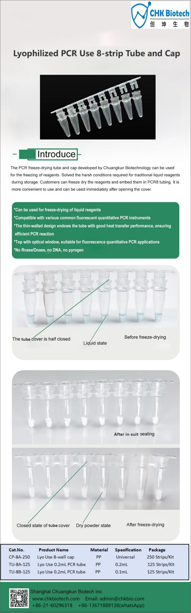 Lyophilized PCR kit 8 tubes and caps